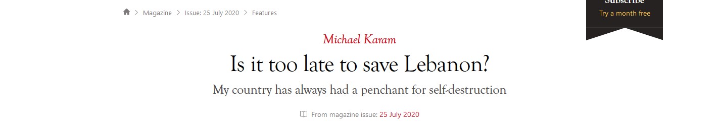 Mr. Michael Karam, The Spectator: “Is it too late to save Lebanon? My ...
